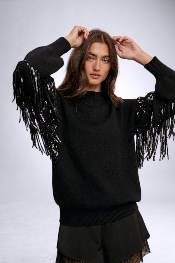 Long Sleeve Sequin Fringe Sweater - Maie
